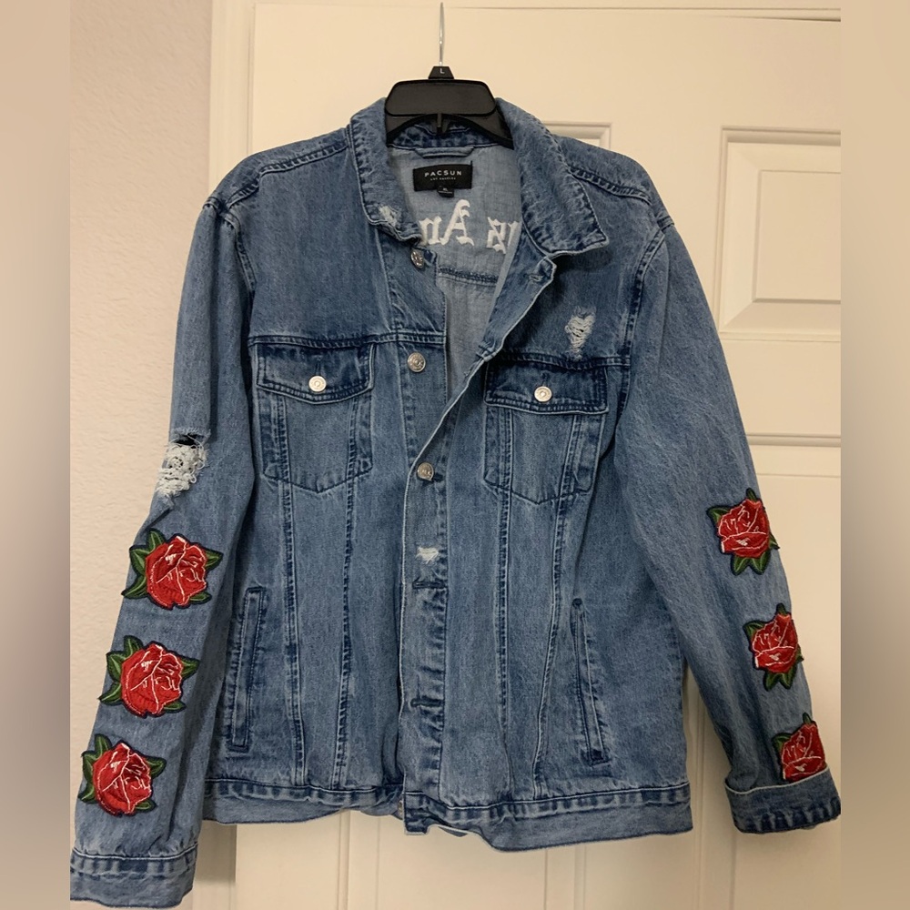 Distressed Denim Jacket With Rose Embroidery - Gem